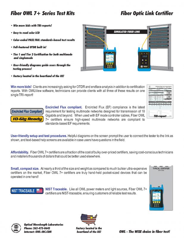 Fiber Owl 7 +Multimode Tier 2 Fiber Certifier w/OTDR. Power Source NOT ...
