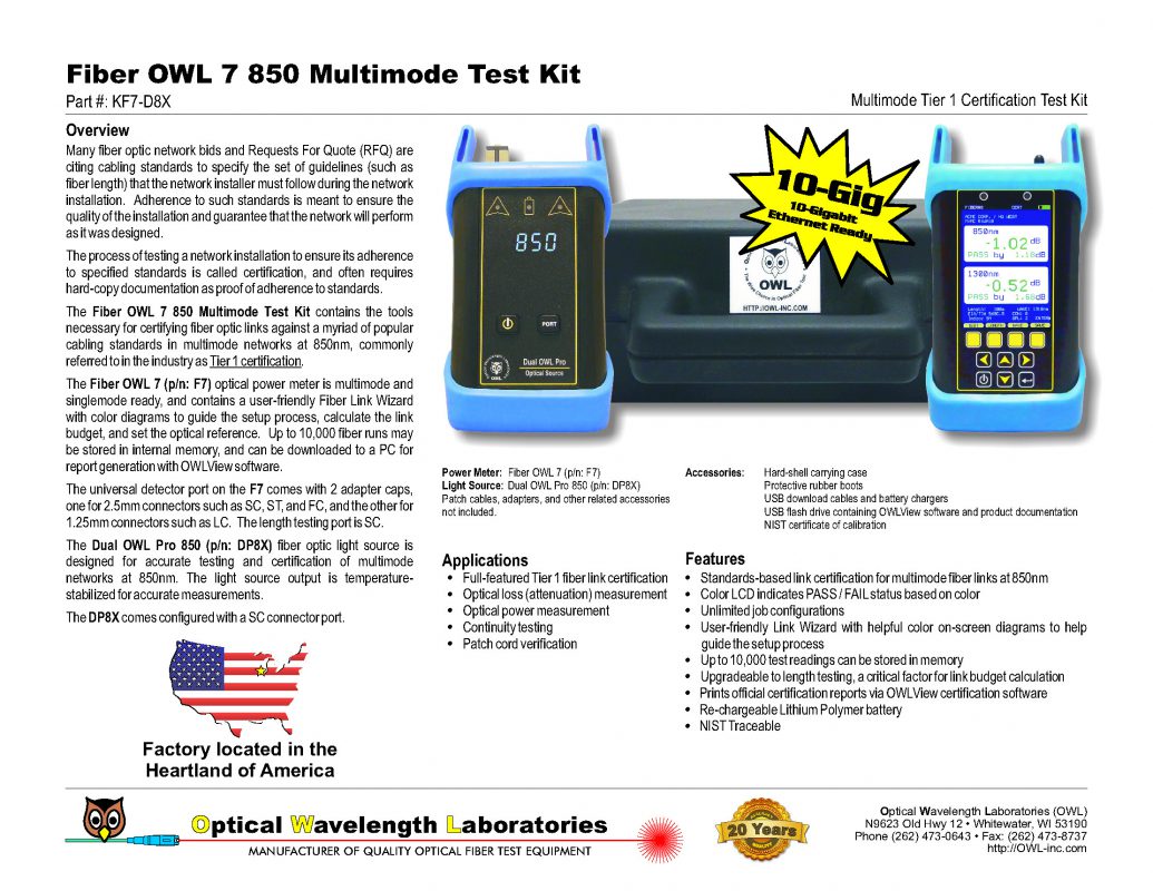 Fiber OWL 7 850 Multimode Test Kit | SC light source connector by ...