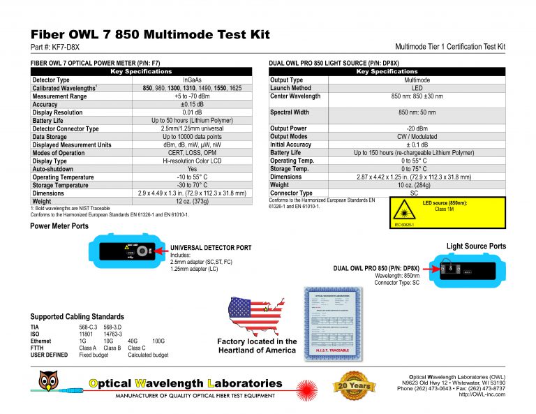 Fiber OWL 7 850 Multimode Test Kit | SC light source connector by ...