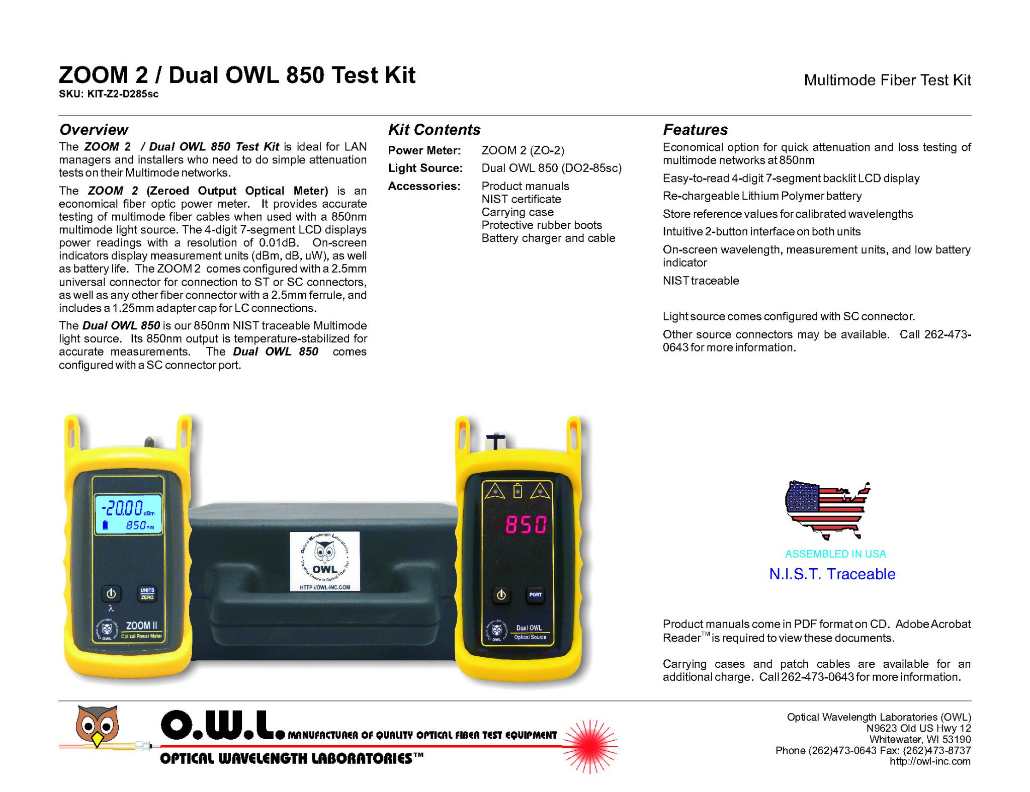 ZOOM 2 / Dual OWL 850 ST MM Test Kit (850nm; ST connector) - Fiber ...