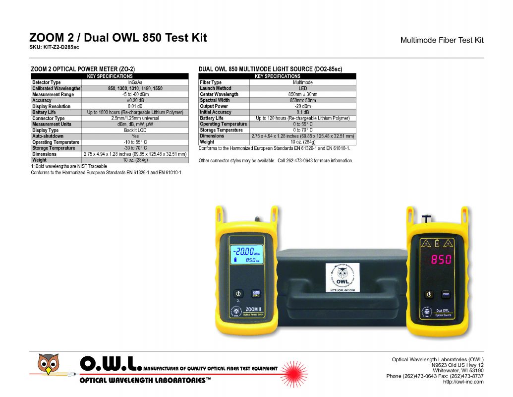 ZOOM 2 / Dual OWL 850 ST MM Test Kit (850nm; ST connector) - Fiber ...