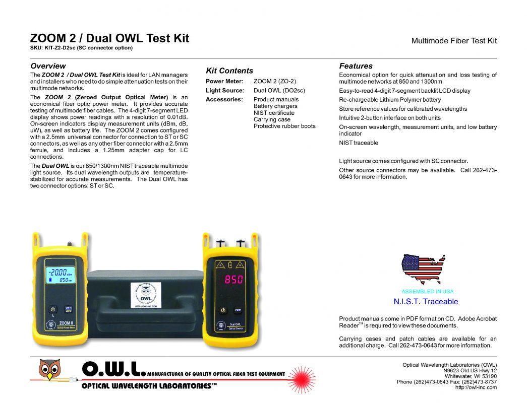ZOOM 2 / Dual OWL SC MM Test Kit (850/1300nm; SC connectors) - Fiber ...