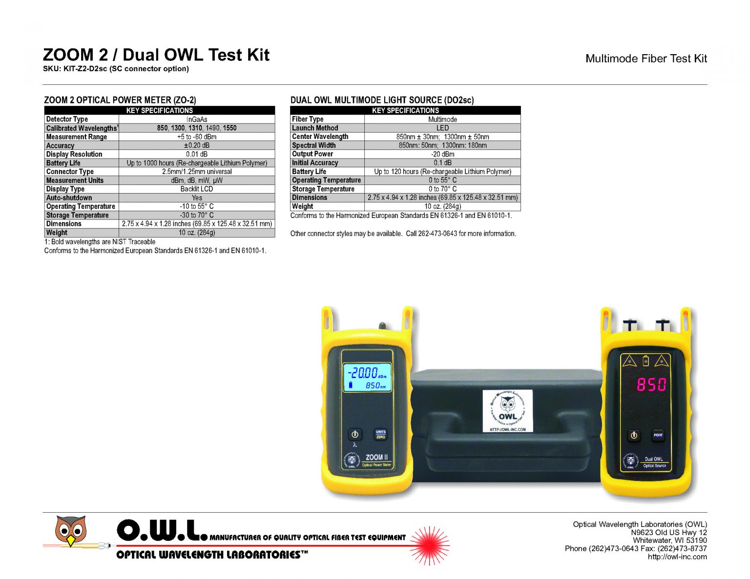 ZOOM 2 / Dual OWL SC MM Test Kit (850/1300nm; SC connectors) - Fiber ...