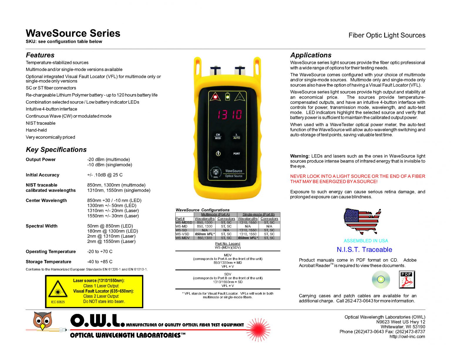 WaveSource Dual Multimode Light Source (850/1300nm) with integrated VFL ...