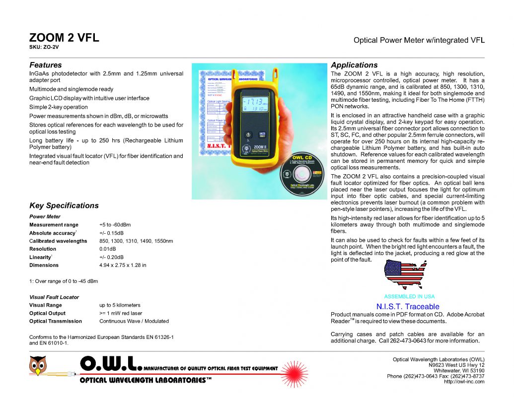 ZOOM II Optical Power Meter w/VFL – Reads: 850, 1300, 1310 & 1550 nm ...